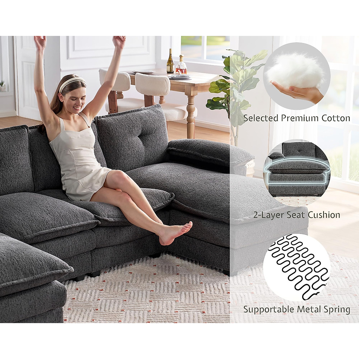 Jocisland 115 Inch Sectional Couch, Modular Sectional Sofa- Double Layer Seat Cushions, U Shaped Couch- Comfy Couches for Living Room, Grey Chenille