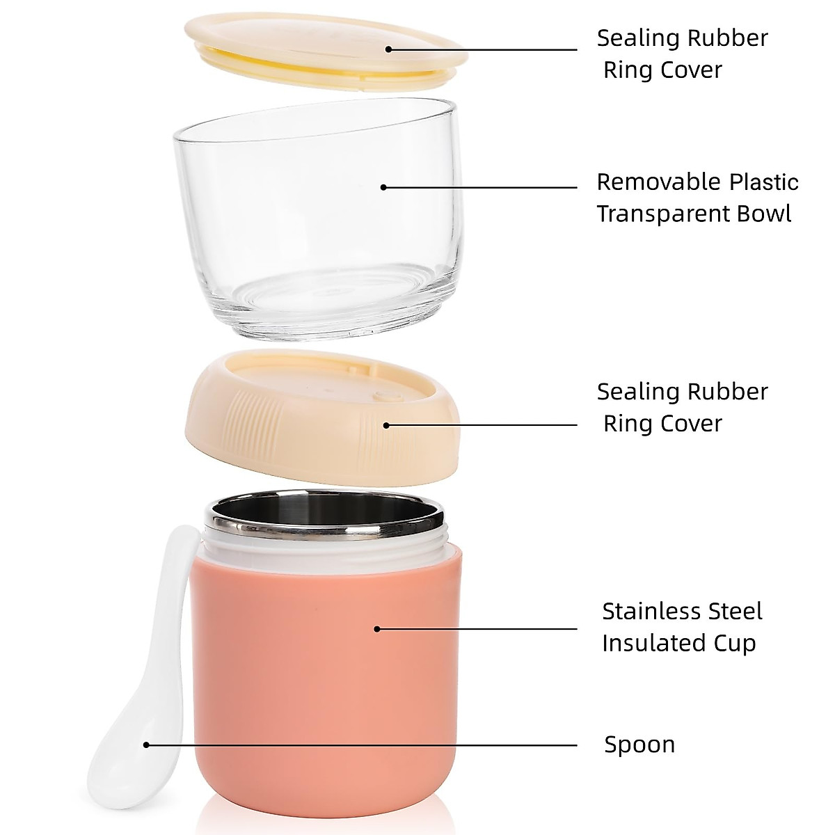 Eorbow 2 Pack Insulated Yogurt Container, 24oz Breakfast On the Go Cup with Plastic Topping Cereal Oatmeal Cup, 2-in-1 Food Storage Jar with Lid and Spoon, Overnight Oats Container for Soup Lunch