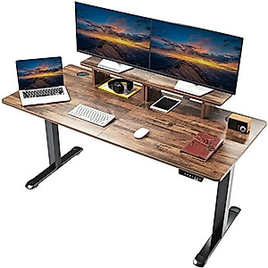 EUREKA ERGONOMIC Electric Standing Desk,63 Inches Height Adjustable Desk,Stand up Desk with Dual Motor,Computer Desk with LED Lights & Double Shelves,Home Office Desk with Monitor Stand,Brown Wood