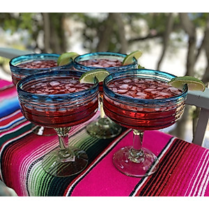 Mexican Hand Blown Glass – Set of 4 Hand Blown Margarita Glasses (16 oz) with Aqua Spiral Design
