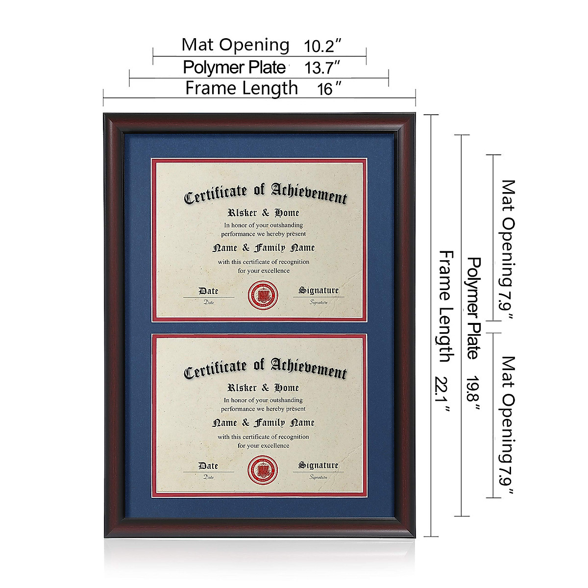 ELSKER&HOME Double Certificate Frame-Cherry Wood Color - 2.0mm Panels-Made for Document&Diploma for Two 8.5x11 Inch with Mat and 14x20 Inch Without Mat(Double Mat,Navy with Red Rim)