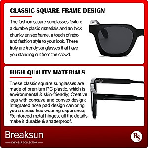 Breaksun Fashion Square Sunglasses for Women Men Trendy Classic Square Frame Sun Glasses Designer Style (Black/Grey)