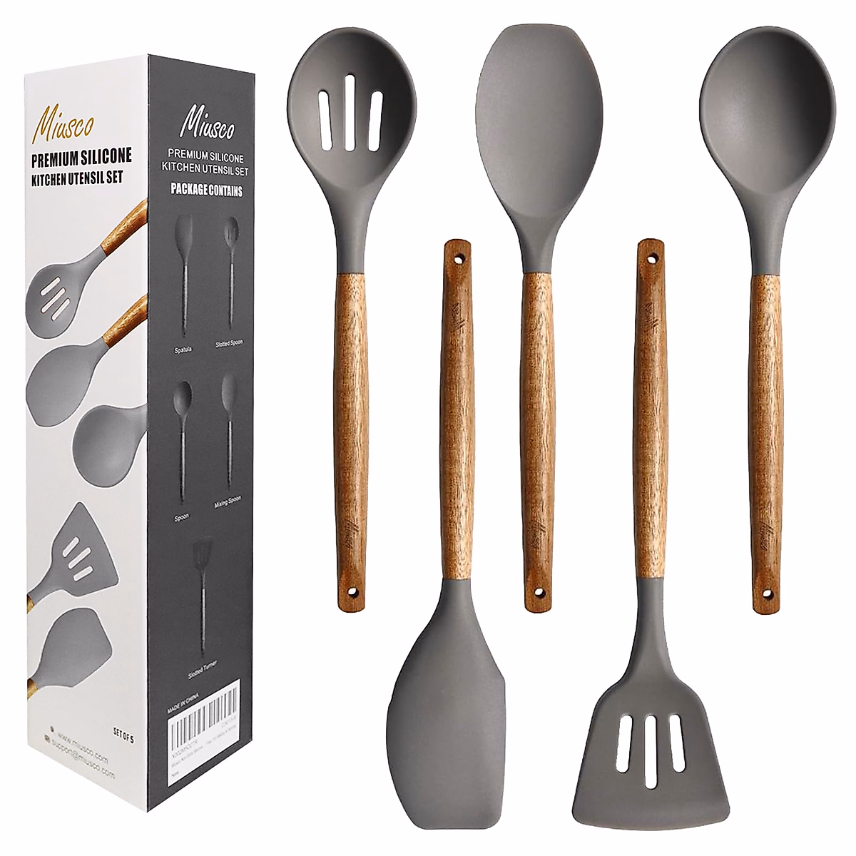 Miusco Non-Stick Silicone Kitchen Utensils Set with Natural Acacia Hard Wood Handle, 5 Pieces, Grey, BPA Free, Baking, Serving and Cooking Utensils