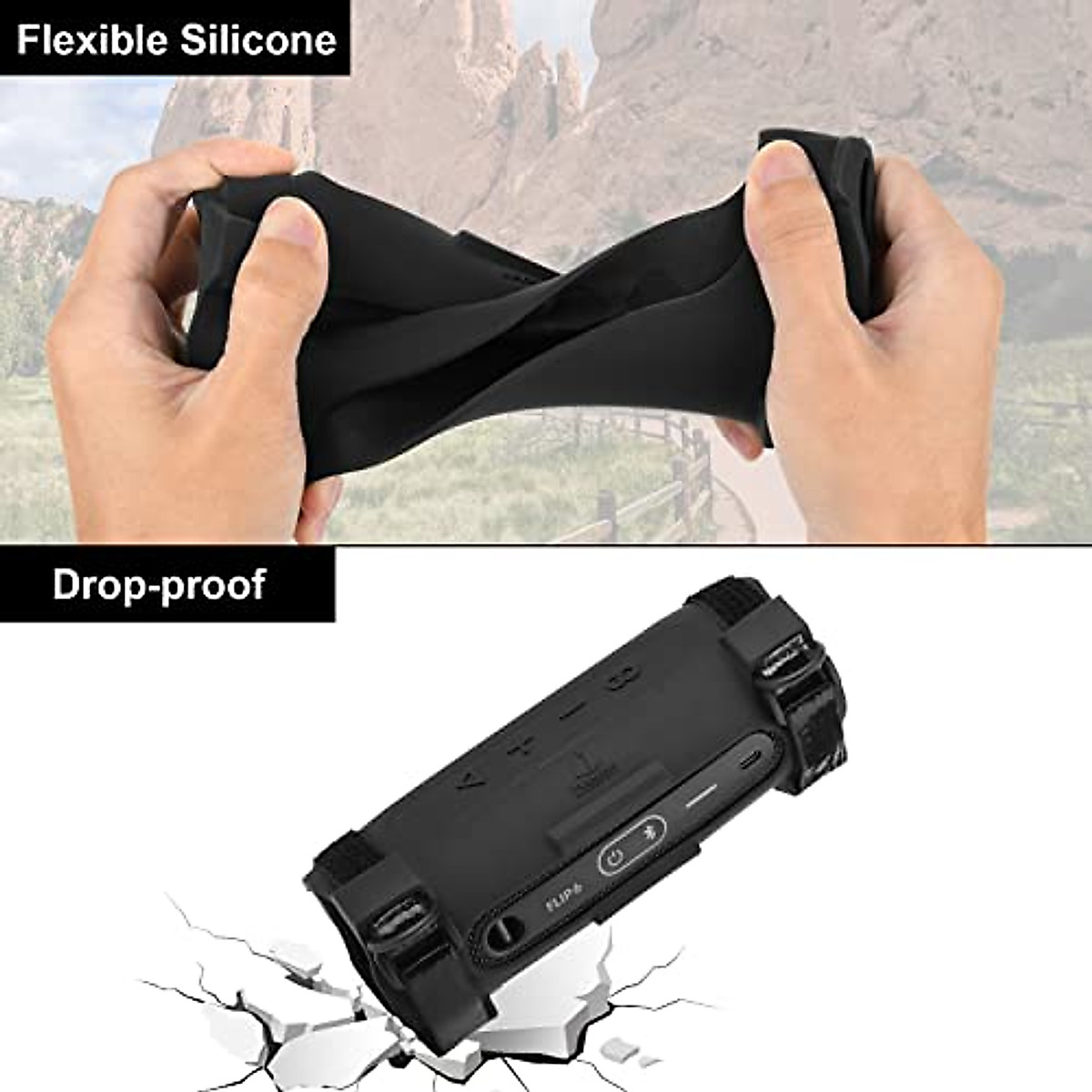 TXEsign Silicone Case Cover for JBL Flip 6 Wireless Bluetooth Speaker Protective Case JBL Flip 6 Travel Speaker Pouch with Shoulder Strap for Bike Golf Cart Railing (Black)