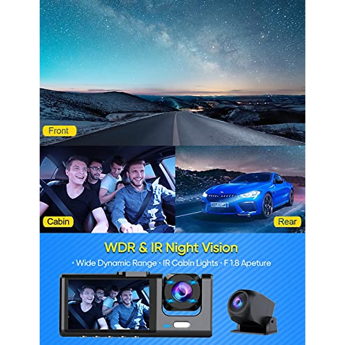 3 Channel Dash Cam Front and Rear Inside, 1080P Dash Camera for Cars, Dashcam Three Way Triple Car Camera with IR Night Vision, Loop Recording, G-Sensor, Parking Monitor, 24 Hours Recording