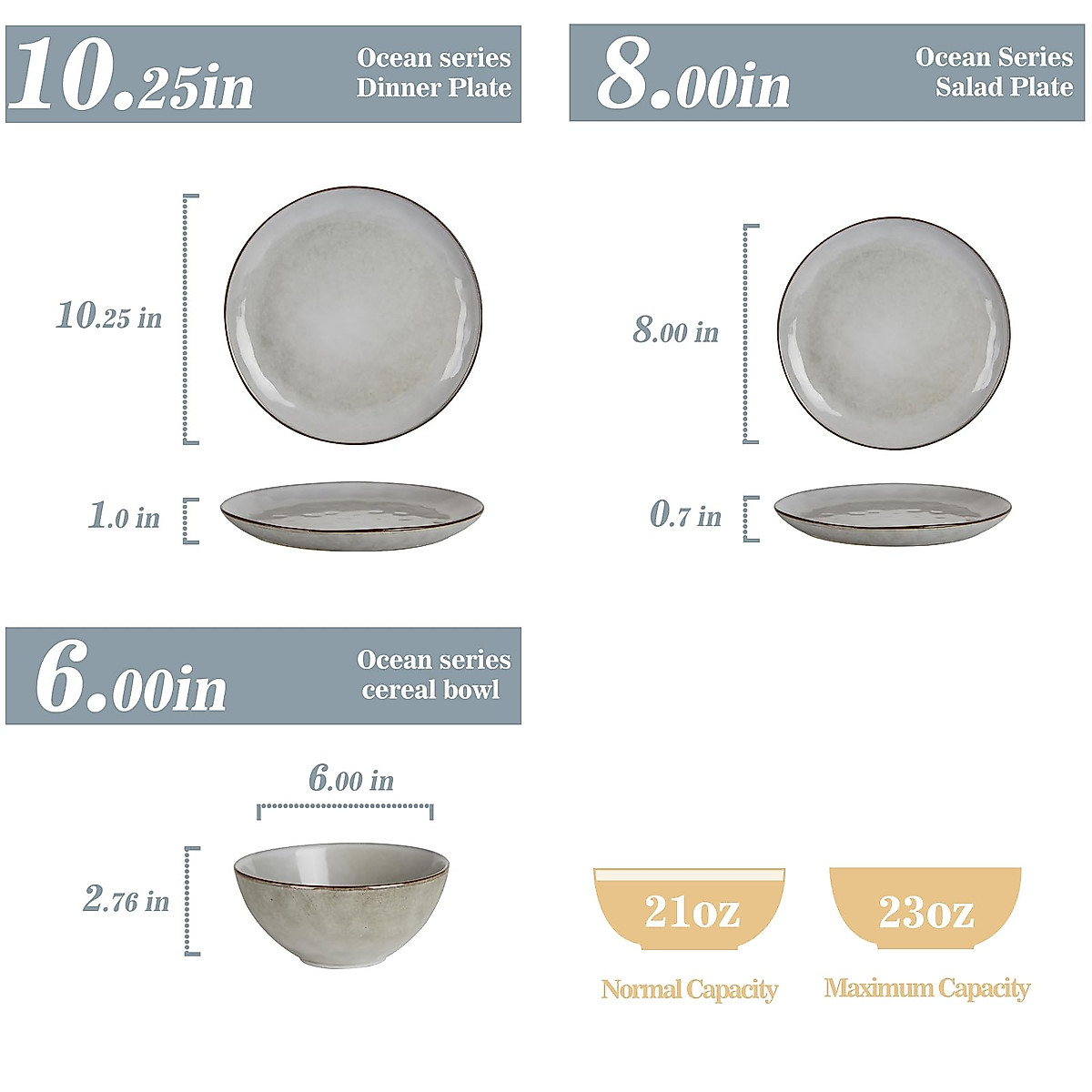 Famiware Dinnerware Sets for 4, Ocean Round 12-Piece Kitchen Plates and Bowls Sets, Reactive Glaze, Microwave and Dishwasher Safe, Scratch Resistant, Grey