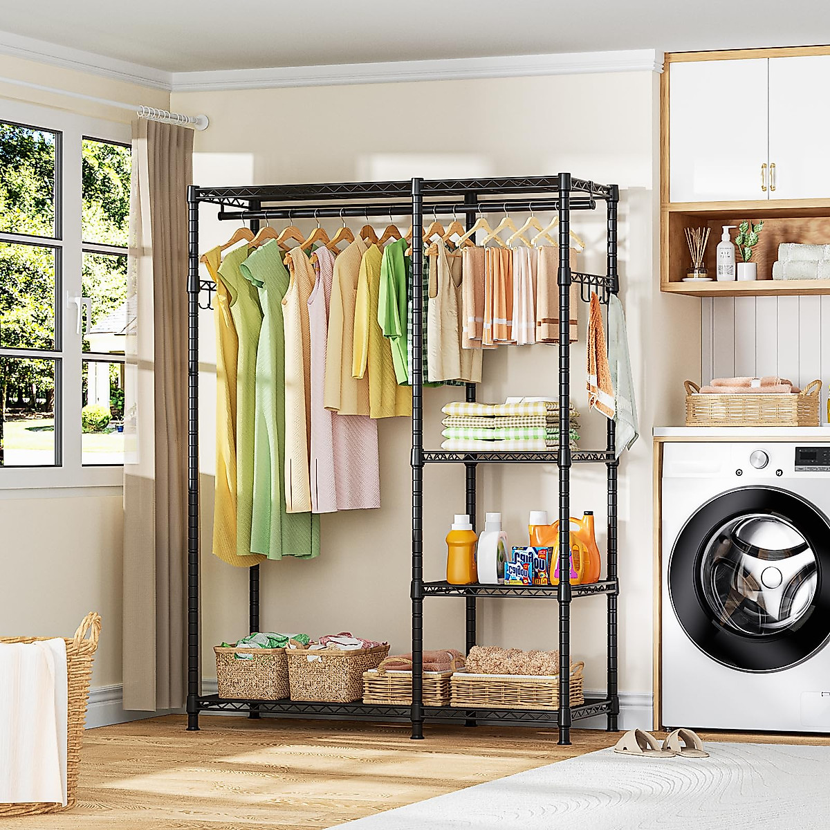 Ulif F4 Heavy Duty Clothes Rack（With Hanger Rod ） Freestanding Clothing Racks for Hanging Clothes，Adjustable Closet Organizer System，Portable Garment Rack 45" W x 15" D x 70" H，Max Load 500LBS，Black