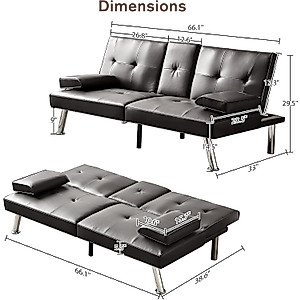 Convertible Folding Futon Sofa Bed Sleeper Couch for Living Room, Modern Faux Leather Upholstered Loveseat w/Removable Armrests, Metal Legs, 2 Cup Holders, Love Seat Sofa Bed for Small Spaces (Brown)
