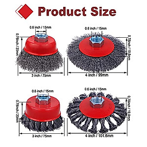 Rocaris 6 Pack Wire Wheel Cup Brush, 3 & 4 Inch Twisted Knotted & Coarse Crimped Cup Brush for Angle Grinders, 5/8 -11 Inch Threaded Arbor