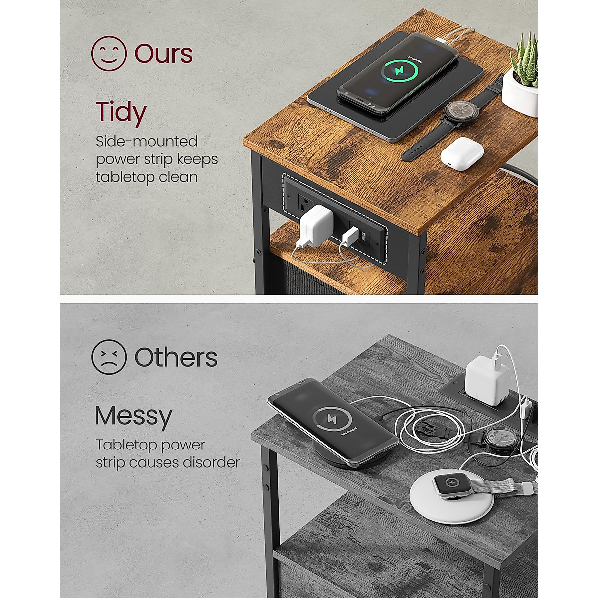 VASAGLE Nightstand with Charging Station, Night Stand, Side Table with 1 Drawer and 2 Open Shelves, Fabric Drawers with MDF Front, End Table, Rustic Brown and Classic Black ULGS026K01