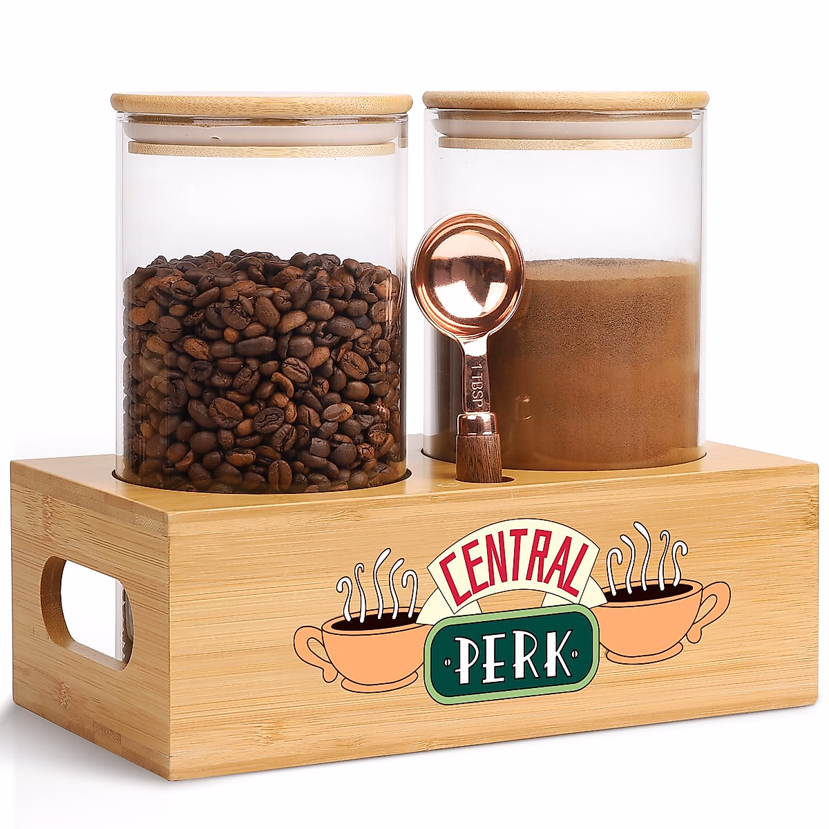 Friends Glass Coffee Container for Ground Coffee, Friends TV Show Merchandise Coffee Canister Set with Shelf, 2PCS 49 Oz Coffee Bean Storage Jar with Scoop, Friends TV Show Decor Gifts for Coffee Bar