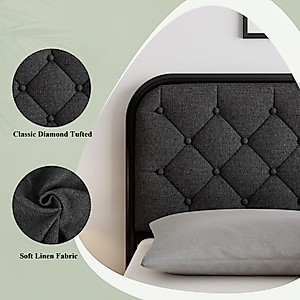 Feonase King Size Bed Frame with Linen Upholstered Headboard, Heavy Duty Metal Platform Bed with 12" Under-Bed Storage Space, No Box Spring Required, Easy to Assemble, Gray