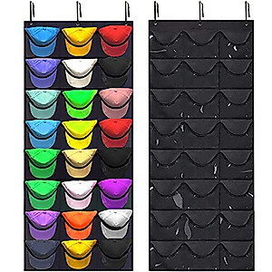 KHIKILY Baseball Hat Rack, 24 Pocket Over-The-Door Cap Organizer with Clear Deep Pockets Wall Mount Bag for Baseball Caps and Hats (Black)