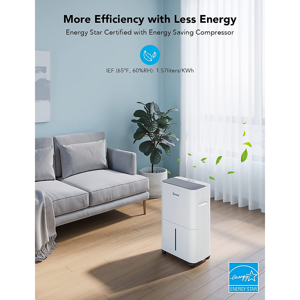 Govee Smart WiFi Dehumidifier for Basement, 50 Pint Dehumidifiers for Home Bedroom, Energy Star Dehumidifier with Drain Hose, Works with Alexa, Intelligent Humidity Control, 24H Timer