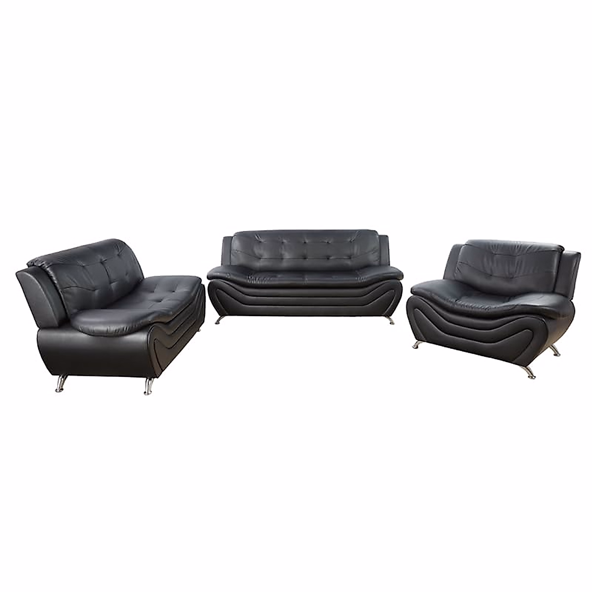 EZLUX Modern 3-Piece Faux Leather Sofa Set Living Room Furniture, with Sturdy Leg Support, Including Three-Seater Couch, Loveseat and Single Chair, Black