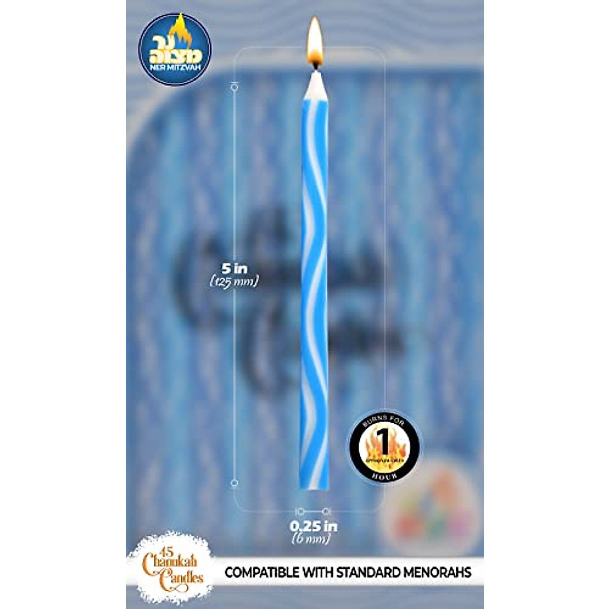 Hanukkah Candles Standard Size - Wave Etched Blue & White Chanukah Candles Fits Most Menorahs - Premium Quality Wax - 45 Count for All 8 Nights of Hanukkah - by Ner Mitzvah