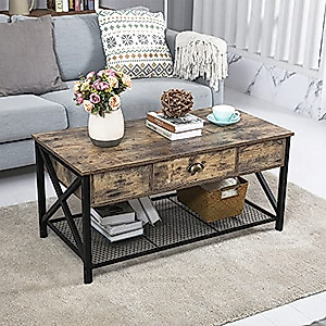 Coffee Table, Lift Top Coffee Table with Storage Shelf and 2 Hidden Compartment + 1 Drawer, Retro Central Table with Wooden Lift Tabletop for Living Room Home Office,Rectangle(Brown)