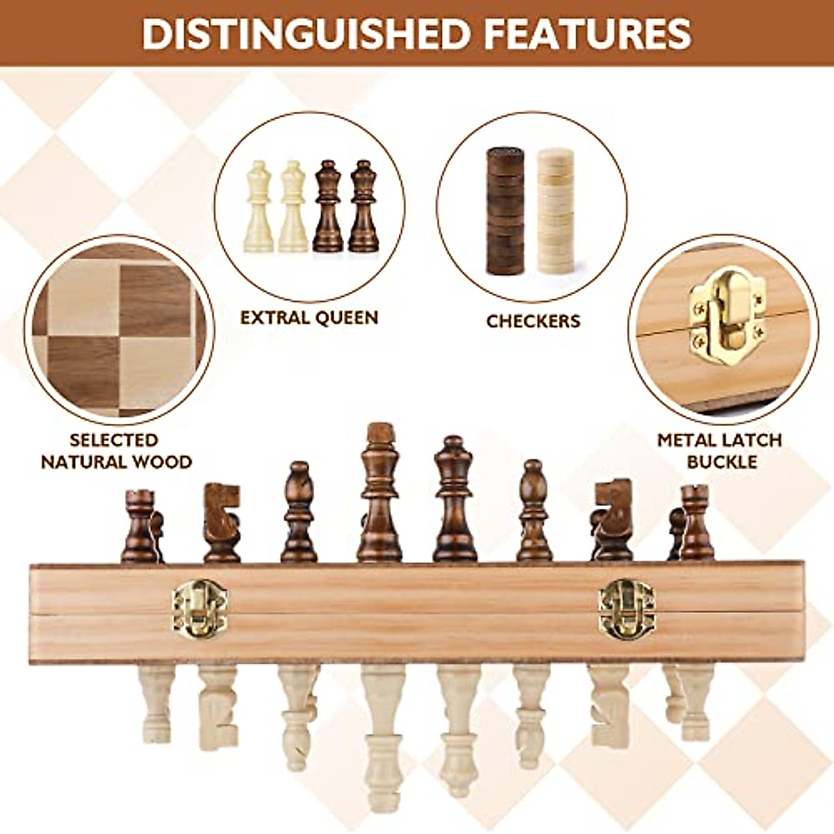 Peradix 15" Wooden Chess and Checkers Set, Magnetic Chess Sets - 2 Extra Queens, 2 in 1 Board Games with Folding Board and Chessmen Storage Slots, Beginner Chess Set for Adults Kids, Gift Box Packed