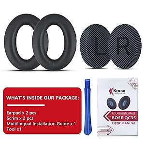 Premium Ear Pad Replacement for Bose Headphones Earpads, Compatible with Bose QuietComfort 35 ii /QC35 /QC25 /QC2 /QC15 /Ae2 /Ae2i /Ae2w /SoundTrue & SoundLink, by Krone Kalpasmos – Classic Black