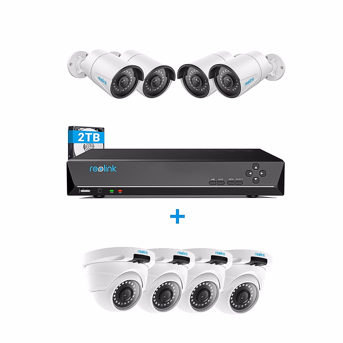 Reolink 4MP PoE Security Camera System Bundle, 8pcs 4MP IP Cameras, a 8CH NVR Pre-Installed with 2TB HDD(Include 4 x 18M Cat5 Cable)