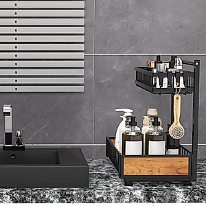 Under Sink Organizer, 2-Tier Pull Out Cabinet Organizer Under Kitchen Sink Organizer, Solid Wood Edge Beautiful-Use for Bathroom Laundry Kitchen