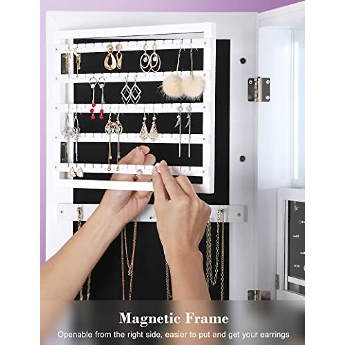 Nicetree Touch Screen LED Jewelry Organizer, Freestanding Full Length Mirror Jewelry Cabinet, Standing Mirror with Jewelry Storage, 2 Drawers, Foldable Makeup Shelf，White
