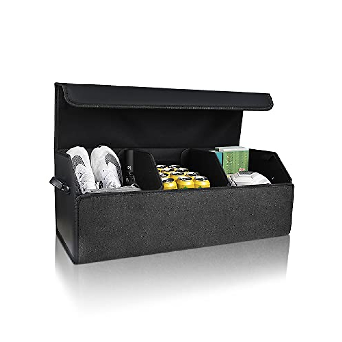 Fyzeoty Car Organizers and Storage - Trunk Organizer for Suv Sedan,Car Trunk Leather Storage Box,Extra Large,Magnetic Lid,Collapsible and Adjustable