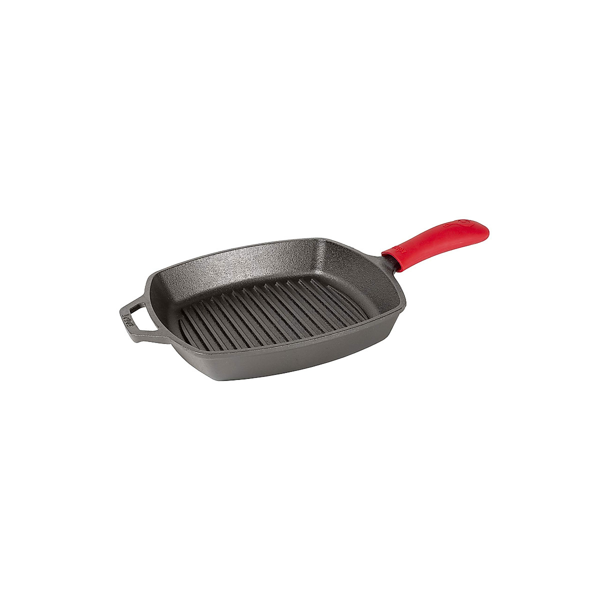 Lodge L8SGP3ASHH41B Cast Iron Square Grill Pan with Red Silicone Hot Handle Holder, Pre-Seasoned, 10.5-inch