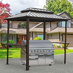 COCO DESIGN Grill Gazebo 8' × 6', Aluminum BBQ Gazebo Outdoor Metal Frame with Shelves Serving Tables, Permanent Double Roof Hard top Gazebos for Patio Lawn Deck Backyard and Garden (Brown)