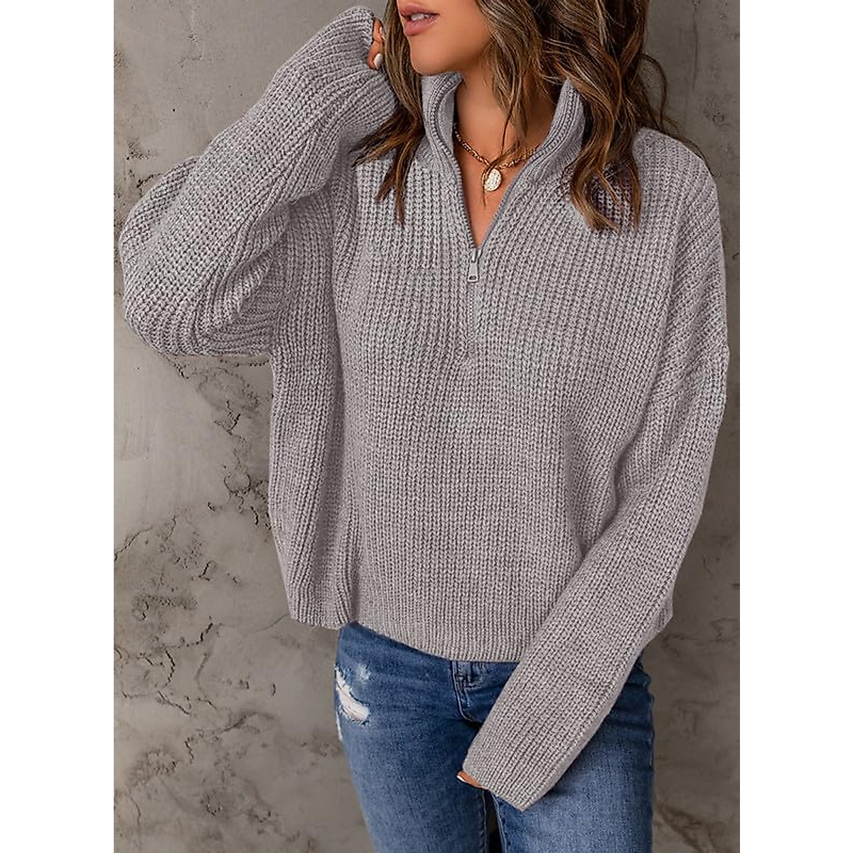 EVALESS Sweaters for Women Cable Knit Long Sleeve Tops Quarter Zip Pullover Sweater for Women Dressy Casual Fall Outfits Trendy 2024 Winter Work Clothes Sexy V Neck Oversized Gray Sweater，Small