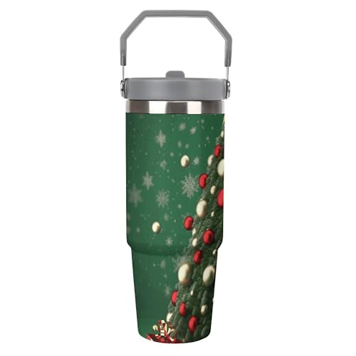 BWQJKUO Large Capacity Car Cup 30 Oz Stainless Steel Round Ball Christmas Tree Printed Travel Mug Leak-proof Flip Straw Tumbler with Handle,keeps Cold Or Ho
