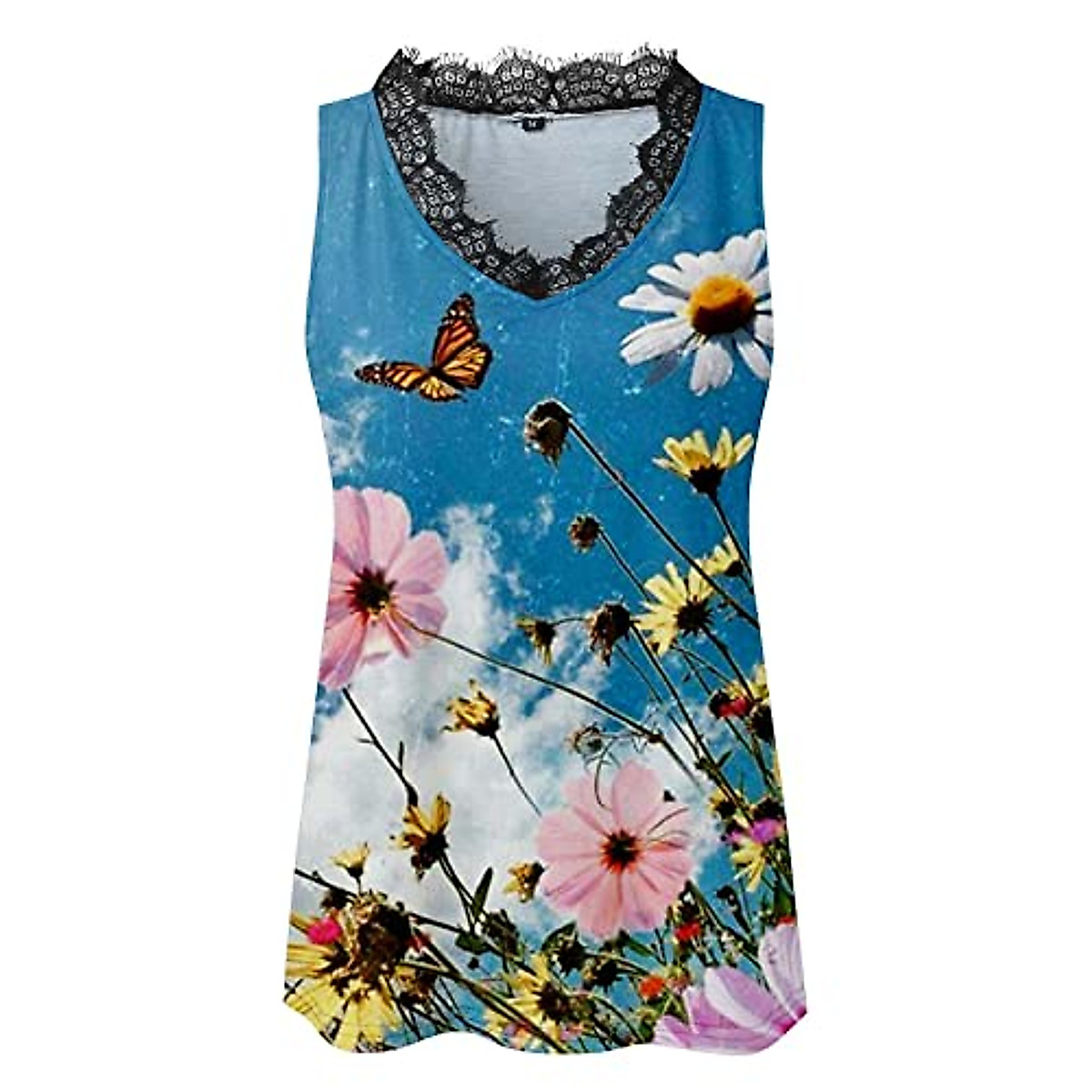 Long Tshirts for Women Women Floral/Butterfly Print Summer Tops V Neck Flowy Tank Tops Lace Trim V Neck Blouse Tunic Cute Vacation Outfits Flowy Blouses for Women