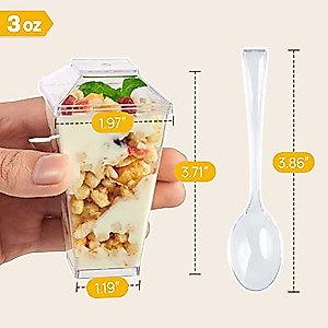 JOLLY CHEF 100 x 3 oz Mini Dessert Cups with Spoons and Lids, Square Tall - Clear Plastic Parfait Appetizer Cup - Small Reusable Serving Bowl for Party Desserts Appetizers