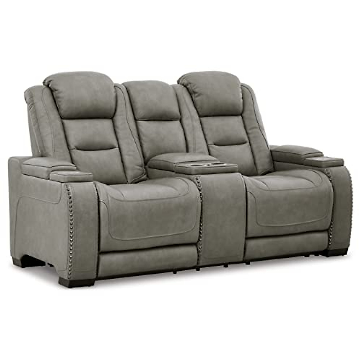 Signature Design by Ashley The Man-Den Leather Power Reclining Loveseat with Center Console, Adjustable Headrest & Wireless Charging, Gray