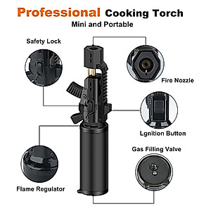 JETPRO Torch Lighter One-Hand Operation Kitchen Cooking Torch with Adjustable Flame (Butane Gas Not Included) (Black)