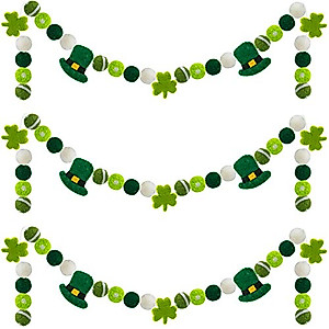 3 Pack St. Patrick's Day Felt Garlands- 6 Feet Pom Pom Felt Ball Shamrock Leprechaun Hat Hanging Banners Irish Themed Hanging Garlands Party Favors for St. Patrick's Day Home Bedroom Living Room Decor