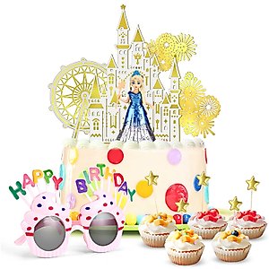 Princess Cake Topper, Includes Happy Birthday Glasses Princess Ornaments 9 Cake Decorations(fireworks, buliding,stars). Cake Decoration For Girl Kid Women Birthday Party and Baby Showers 12PCS