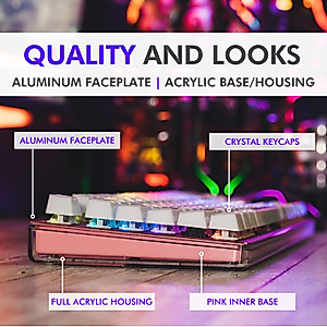 Tilted Nation Pink Mechanical Keyboard TKL - Acrylic Housing, Aluminum Plate, 87 Crystal Keys - USB Wired Tenkeyless Keyboard with Brown Switches (Outemu) - Work and Play - TKL Gaming Keyboard RGB