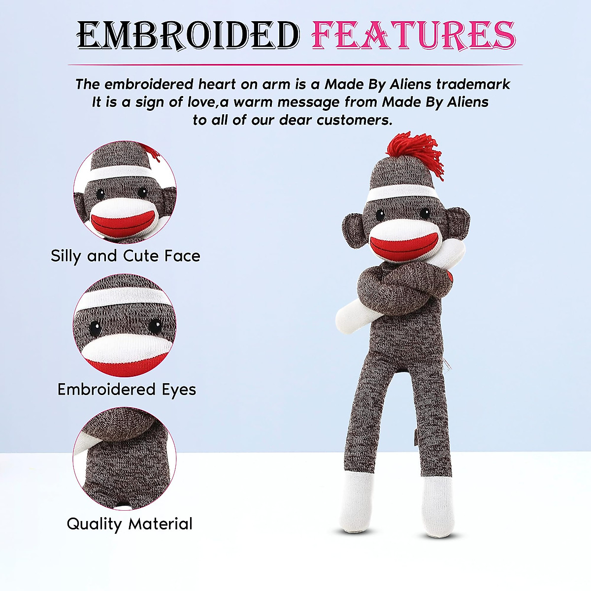 Made By Aliens Adorable Sock Monkey, The Original Traditional Hand Knitted Stuffed Animal Toy Gift-for Kids, Babies, Teens, Girls and Boys Baby Doll Present Puppet (20" Brown)