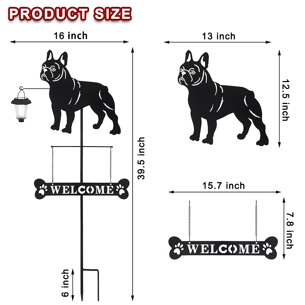 BAYN Solar French Bulldog Silhouette Dog Breed Welcome Sign with a Lantern Outdoor Decorative Garden Stakes for Yard, Lawn, Patio, Pathway