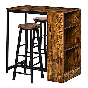 HOMCOM 3 Piece Industrial Dining Table Set, Counter Height Bar Table & Stools Set with Storage Shelf, Rustic Brown