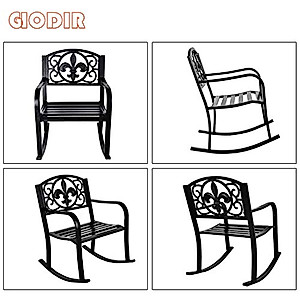 GIODIR Outdoor Patio Rocking Chair, Metal Rocking seat for for Deck, Backyard or Garden w/Scroll Design (Black)…