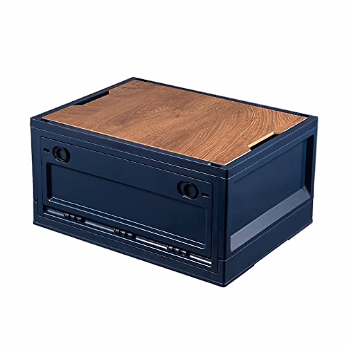 Xicennego 12-Gallon/45L Foldable Storage Bin with Wooden Lid - Large Capacity - Front and Rear Side Opening - Stackable Plastic Folding Storage Containers for Car Trunk, Camping, Picnic, Garage, Closet (Navy )