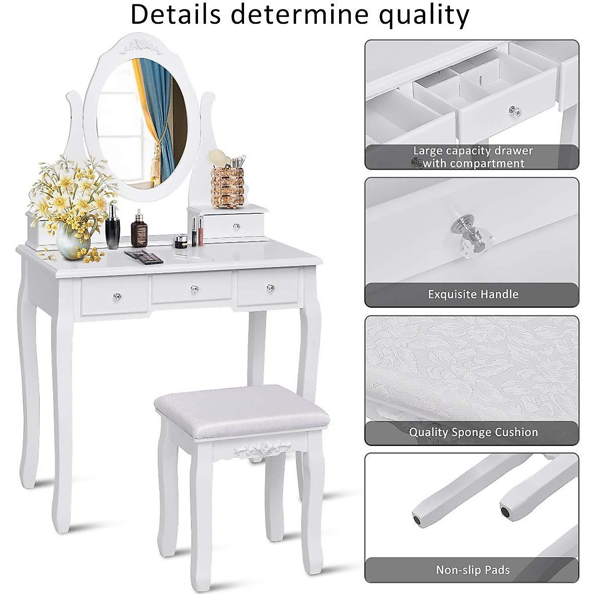 Vanity Table Set, Wooden Dressing Table with Oval 360° Rotating Mirror, 5 Storage Drawers, Painted Finish, Vanity Makeup Table with Padded Stool Seat, Detachable Table Top, Easy to Assemble (White)