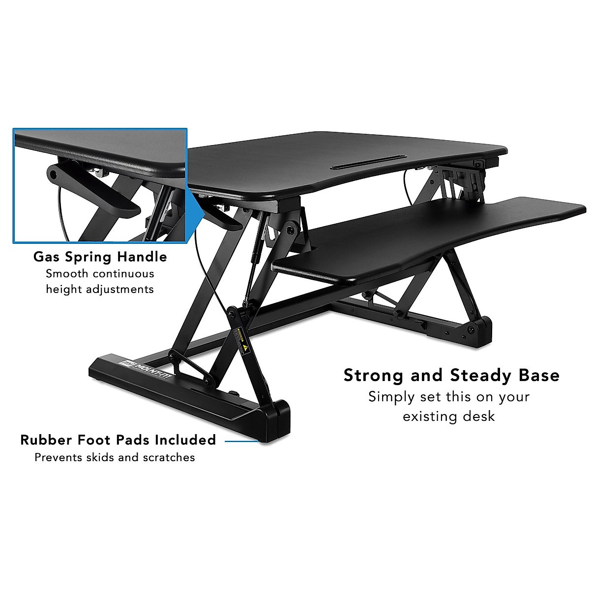 Mount-It! Height Adjustable Standing Desk Converter | 35” Wide Desktop | Sit-Stand Desk with Gas Spring Handle | Stand Up Computer Workstation Fits Dual Monitors | Black (MI-7955)