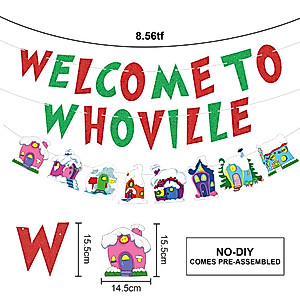 Welcome To Whoville Banner with Christmas Hanging Swirls Party Decorations, Red and Green Glitter Letter Banner Xmas Hanging Swirls Decorations Welcome Party Supplies Decorations