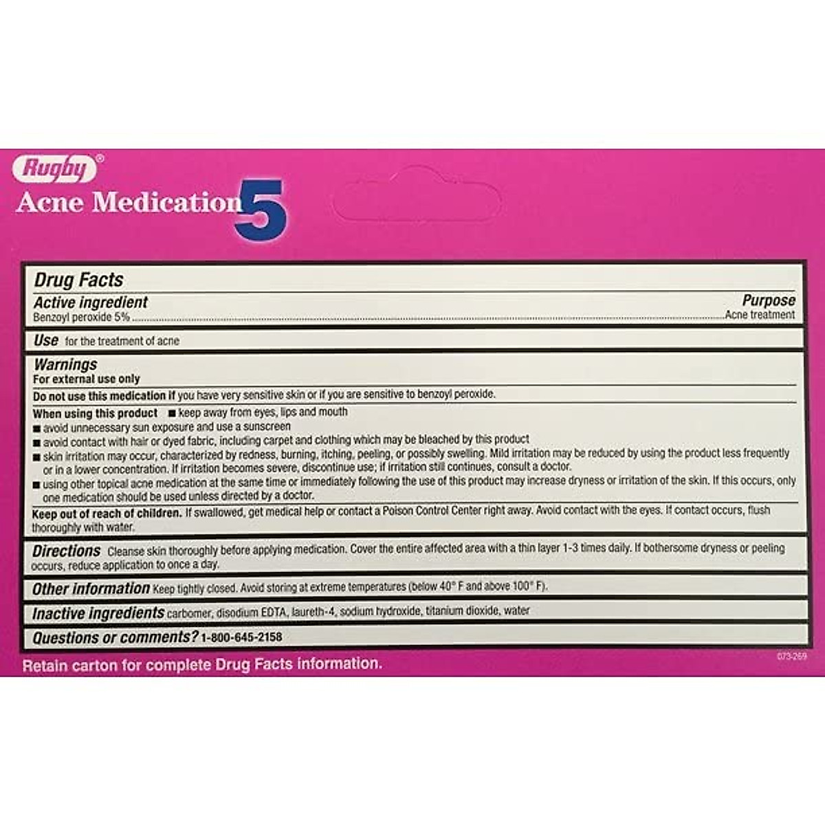 RUGBY BENZOYL PEROX GEL/ACNE MED 5% BENZOYL PEROXIDE-5% White 42.5GM UPC 305361055561