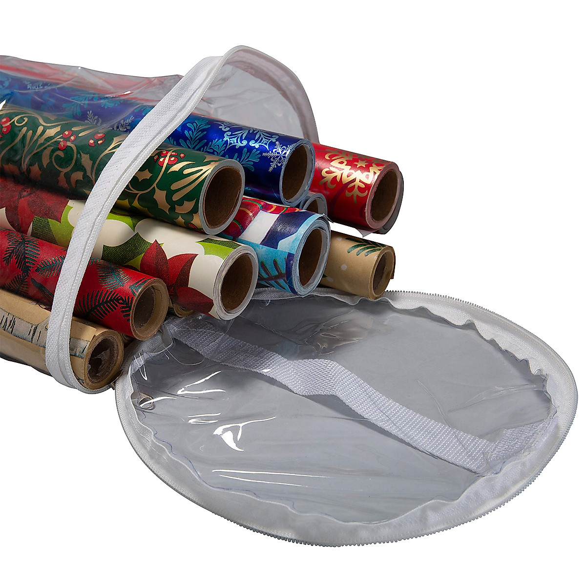 Simplify Clear Gift Wrap Storage Bag | Holds 30" Long Wrapping Paper Rolls | Clear | Zipper Closure | Easy Storage | Holiday Storage | Easy Carry Hangers