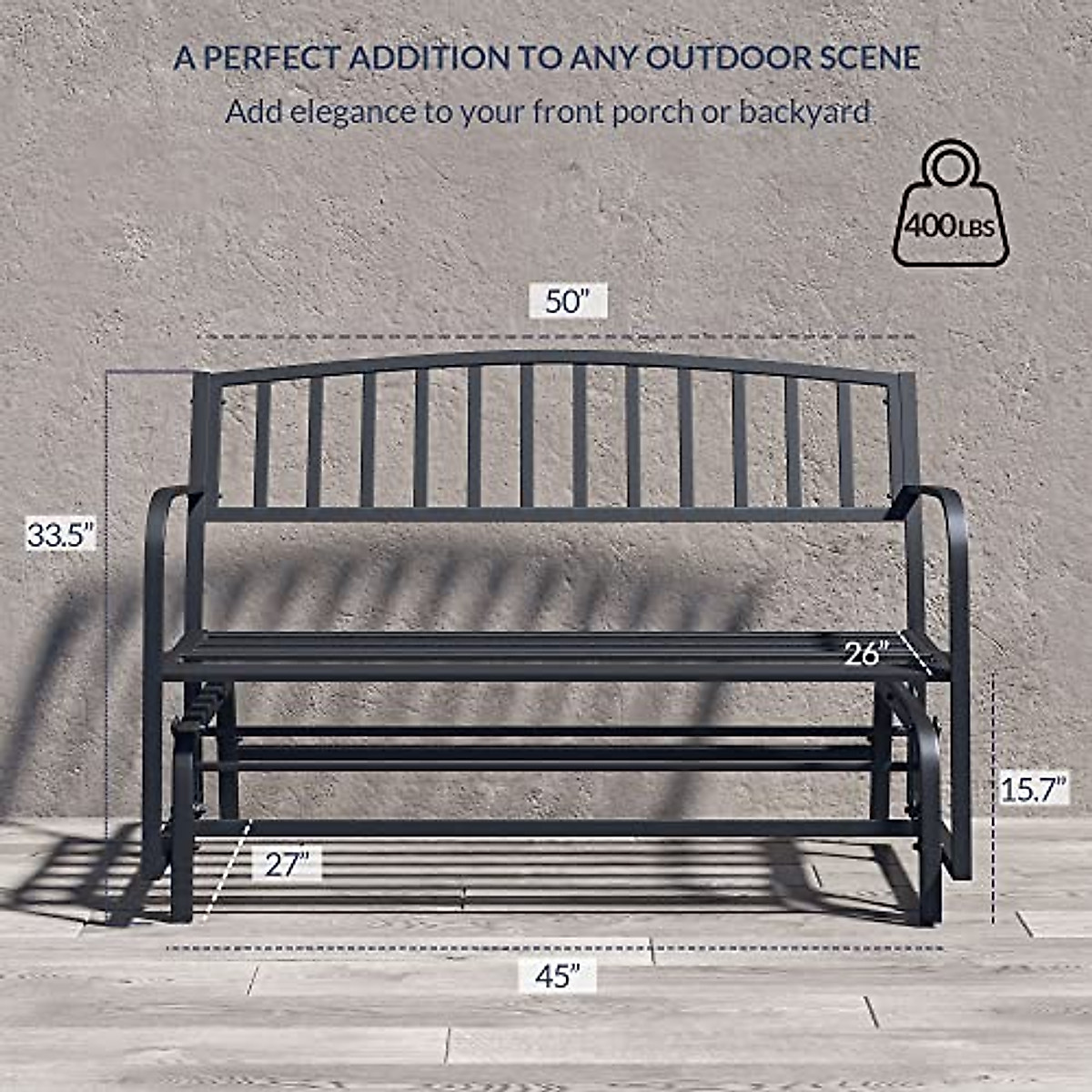 BELLEZE Outdoor Glider Bench, Porch Swing Rocking Chair Patio Loveseat for Garden, Park, Backyard, Sturdy Steel Frame, Black
