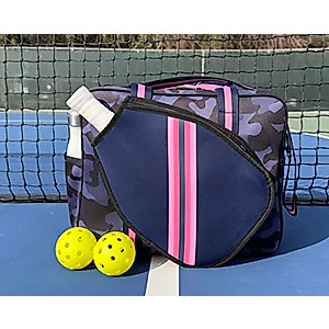 Queen of the Court Pickleball Bag, Pickleball Bag with Fence Hook, Pickle Ball Bag for Women, Cute Pickleball Bag (Navy Camo with Pink Stripe)
